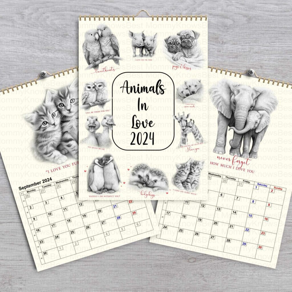 Animals in Love 12 month Calendar - Month to view 2024 - Sketched ...