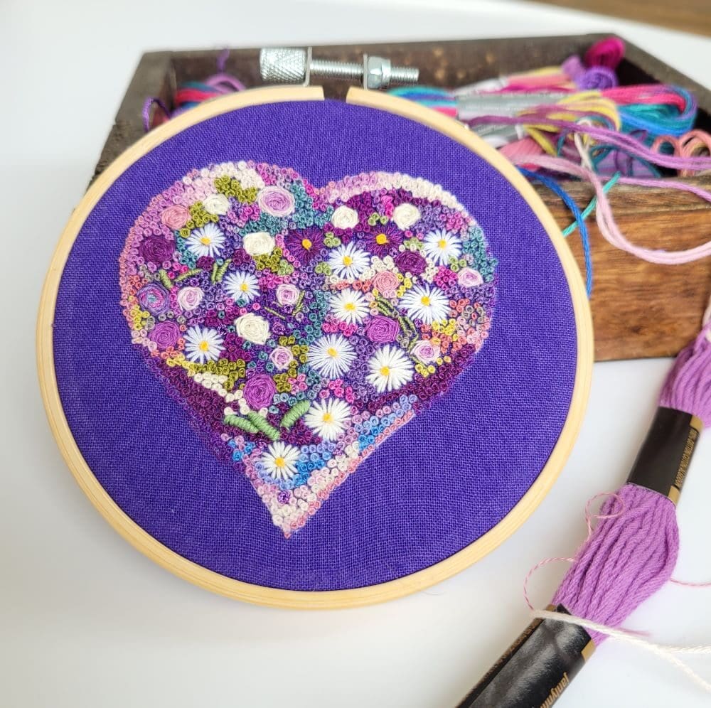 Purple hand embroidered heart filled with flowers 4 inch hoop. - The ...