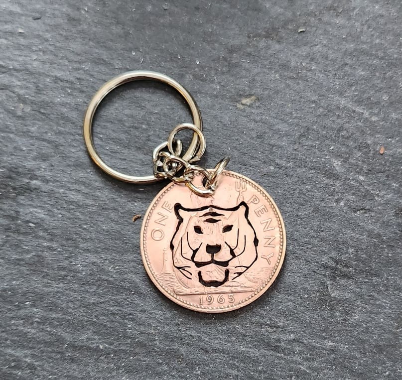 Upcycled penny coin tiger keyring or bag charm - The British Craft House
